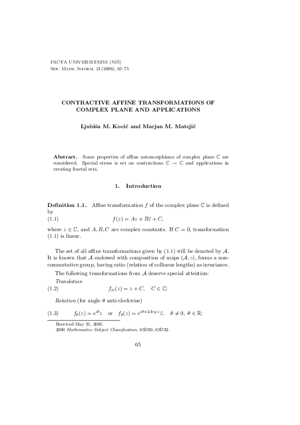 (PDF) Contractive affine transformations of complex plane and applications