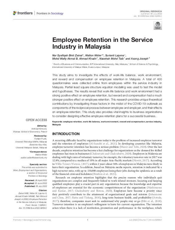 (PDF) Employee Retention in the Service Industry in Malaysia