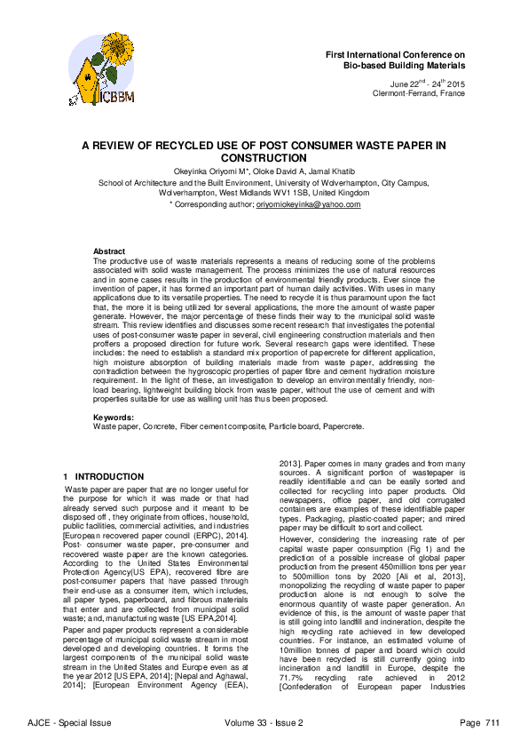 (PDF) A review of recycled use of post consumer waste paper in construction