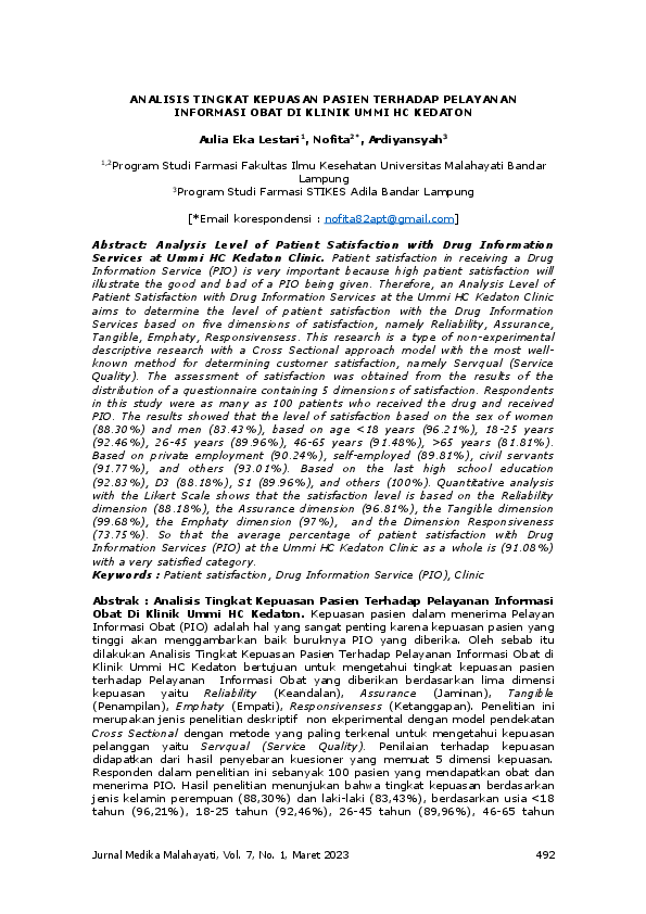 (PDF) Analisis Tingkat Kepuasan Pasien Terhadap Pelayanan Informasi ...