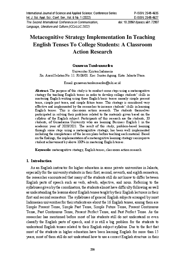 (PDF) Metacognitive Strategy Implementation In Teaching English Tenses ...