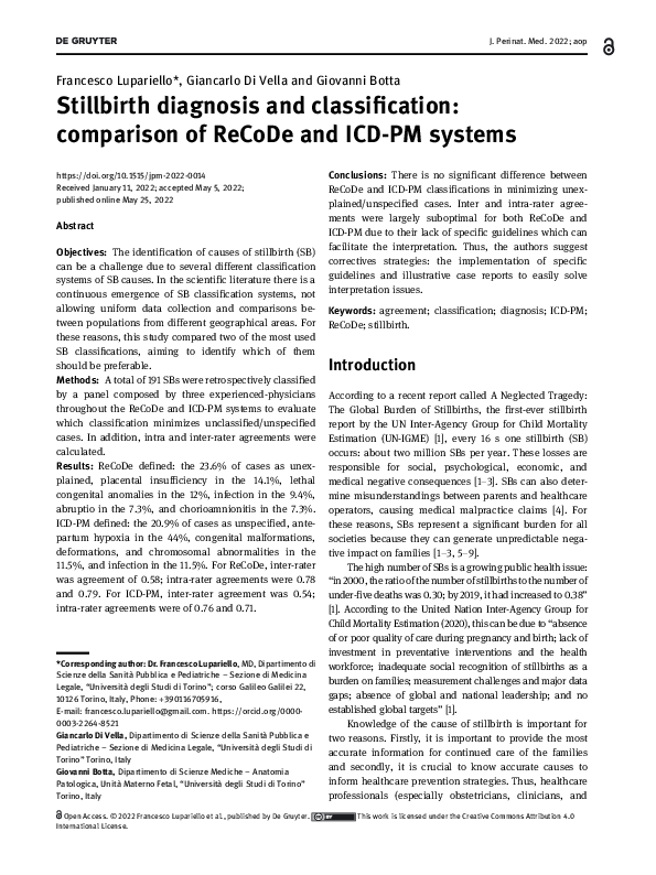 (PDF) Stillbirth diagnosis and classification: comparison of ReCoDe and ...