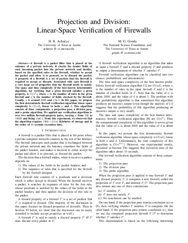 (PDF) Projection and Division: Linear-Space Verification of Firewalls
