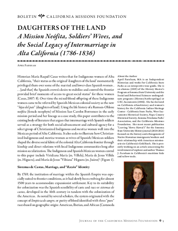 (PDF) DAUGHTERS OF THE LAND A Mission Neófita, Soldiers’ Wives, and the ...