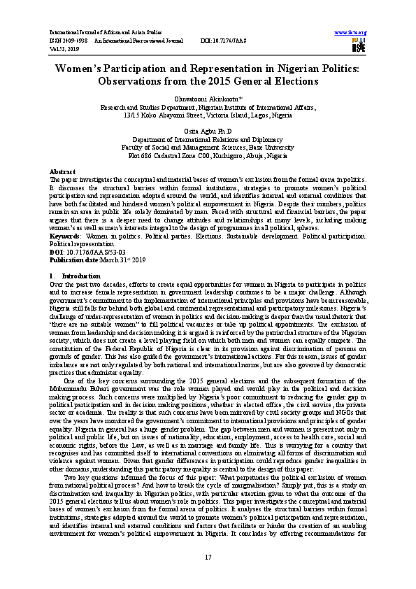 (PDF) Women’s Participation and Representation in Nigerian Politics ...