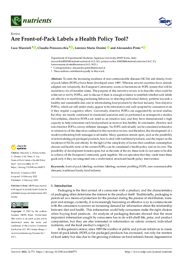 (PDF) Are Front-of-Pack Labels a Health Policy Tool?