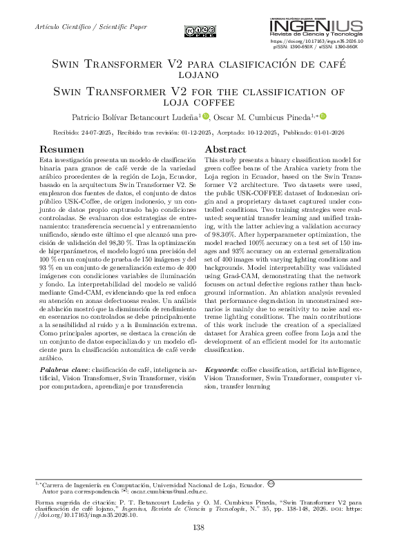 (PDF) Swin Transformer V2 para clasificación de café lojano