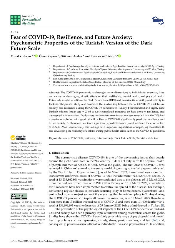 (PDF) Fear of COVID-19, Resilience, and Future Anxiety: Psychometric ...