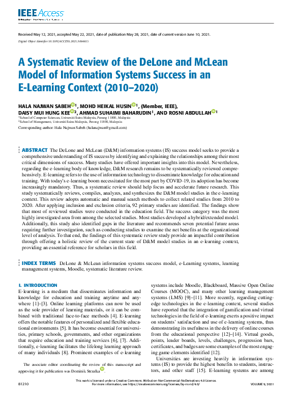 (PDF) A Systematic Review of the DeLone and McLean Model of Information ...