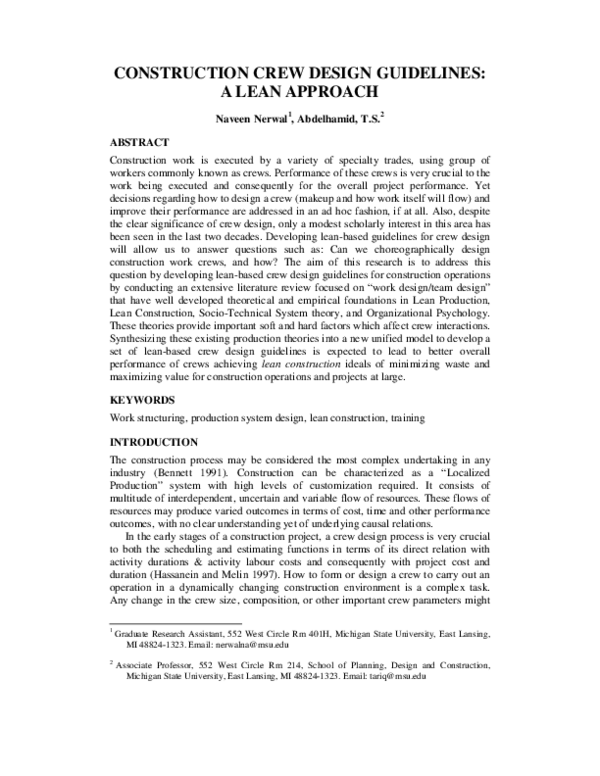 (PDF) Construction Crew Design Guidelines: A Lean Approach