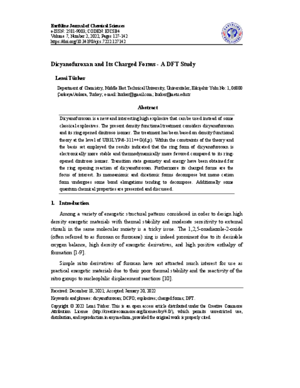 (PDF) Dicyanofuroxan and Its Charged Forms - A DFT Study