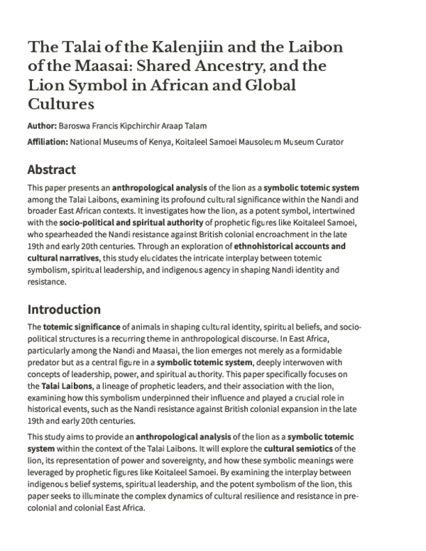 (PDF) The Talai of the Kalenjiin and the Laibon of the Maasai: Shared ...