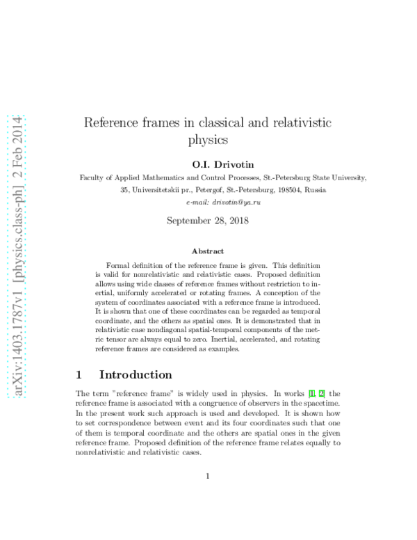 (PDF) Reference frames in classical and relativistic physics