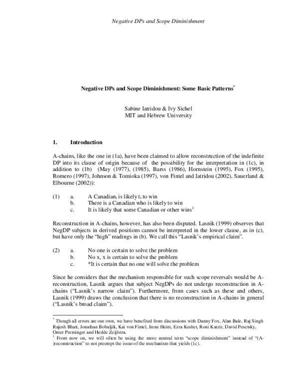 (PDF) Negative DPs and scope diminishment: Some basic patterns