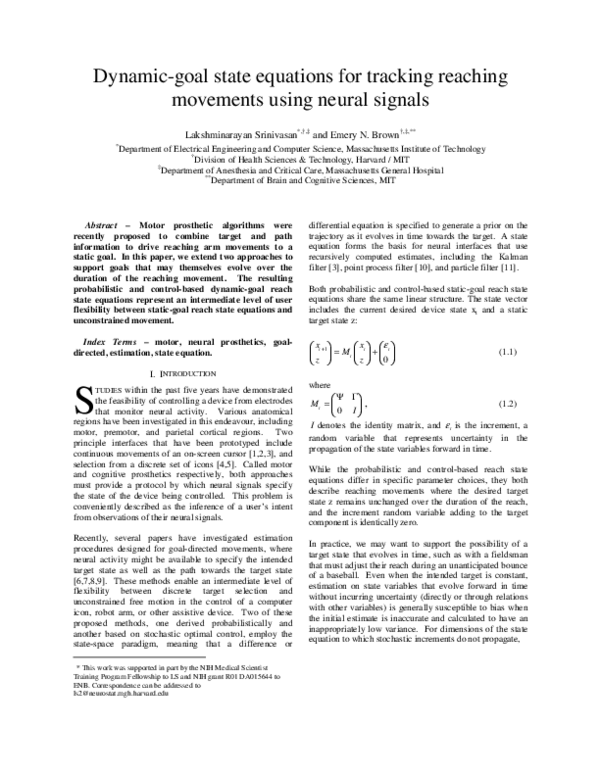 (PDF) Dynamic-goal state equations for tracking reaching movements ...