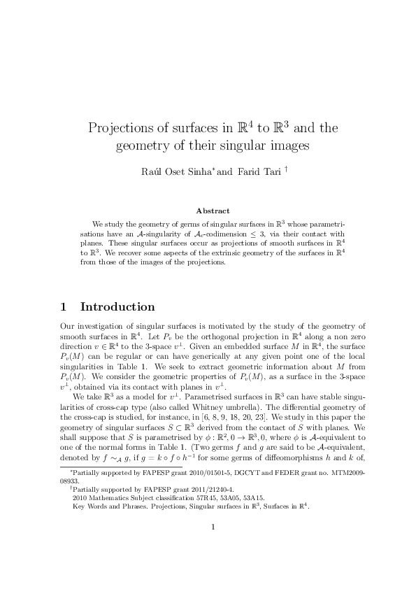 (PDF) Projections of surfaces in R4 to R3 and the geometry of their ...