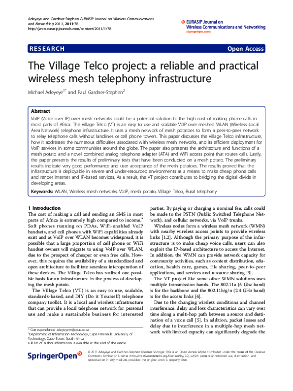(PDF) The Village Telco project: a reliable and practical wireless mesh ...