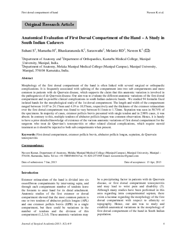 (PDF) Anatomical evaluation of first dorsal compartment of the hand – a ...