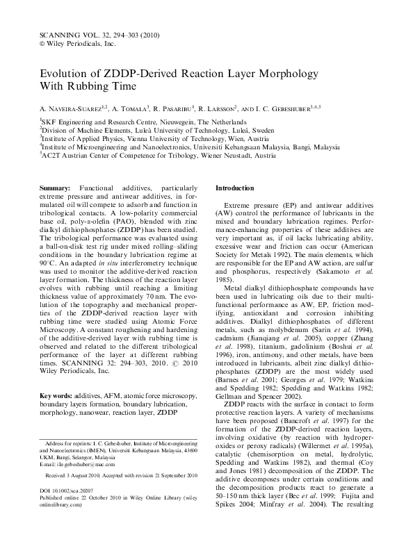 (PDF) Evolution of ZDDP-derived reaction layer morphology with rubbing time
