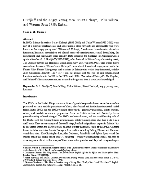 (PDF) Carole M. Cusack, Gurdjieff and the Angry Young Men: Stuart ...