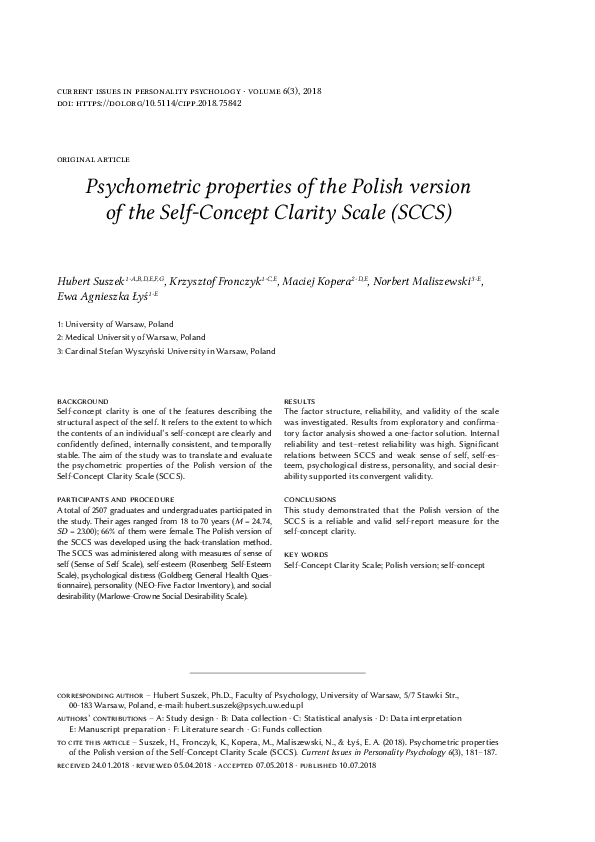 (PDF) Psychometric properties of the Polish versionof the Self-Concept ...