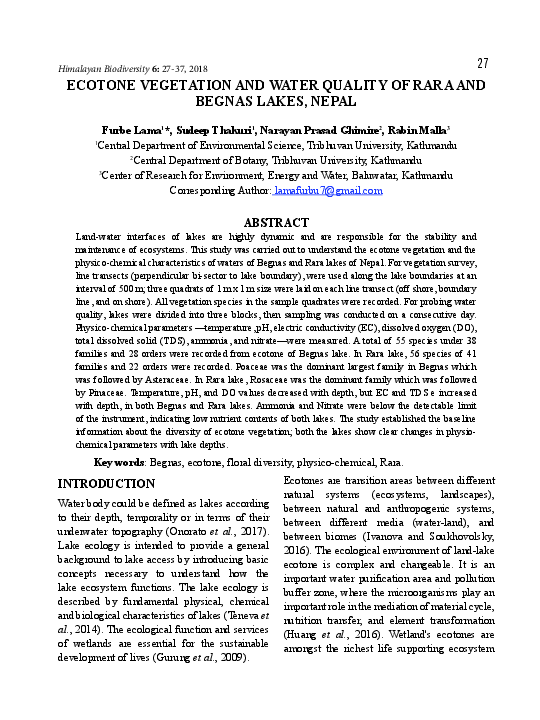 (PDF) Ecotone vegetation and water quality of Rara and Begnas Lakes, Nepal