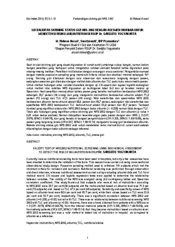 (PDF) UJI VALIDITAS SKRINING STATUS GIZI NRS 2002 DENGAN ASESMEN ...