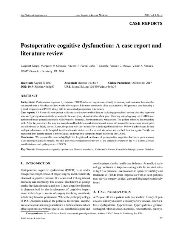 (PDF) Postoperative cognitive dysfunction: A case report and literature ...