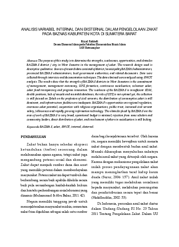 (PDF) Analisis Variabel Internal Dan Eksternal Dalampengelolaan Zakat ...
