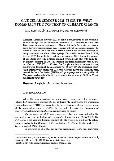 (PDF) Canicular summer 2021 in south-west Romania in the context of ...