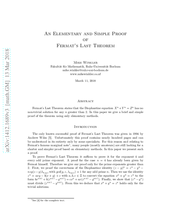 (PDF) An Elementary and Simple Proof of Fermat's Last Theorem