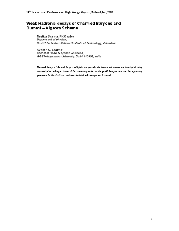 (PDF) Weak Hadronic decays of Charmed Baryons and Current 鈥?Algebra Scheme