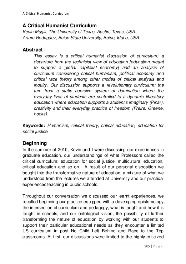 (PDF) A Critical Humanist Curriculum