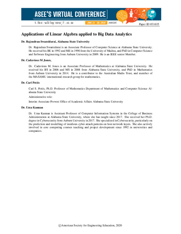(PDF) Applications of Linear Algebra Applied to Big Data Analytics