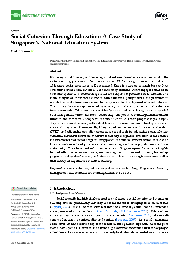 (PDF) Social Cohesion Through Education: A Case Study of Singapore's ...