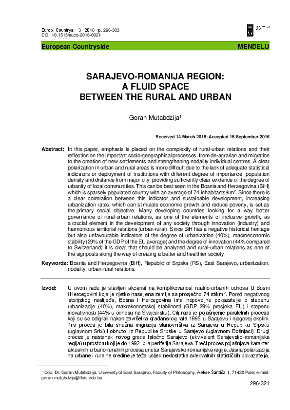 (PDF) Sarajevo-Romanija Region: A Fluid Space between the Rural and Urban