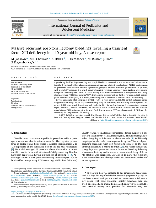 (PDF) Massive recurrent post-tonsillectomy bleedings revealing a ...