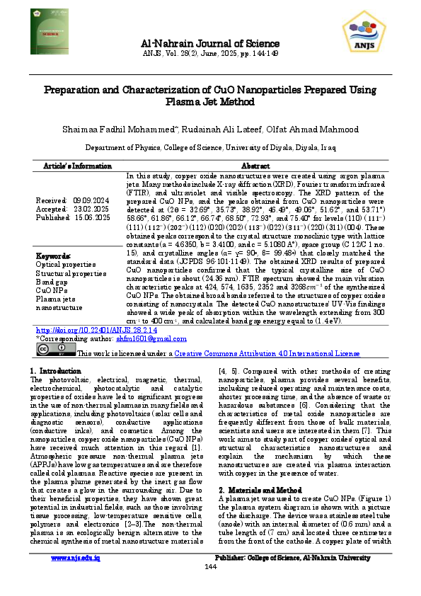 (PDF) Preparation and Characterization of CuO Nanoparticles Prepared ...