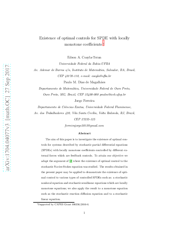 (PDF) Existence of optimal controls for SPDE with locally monotone ...