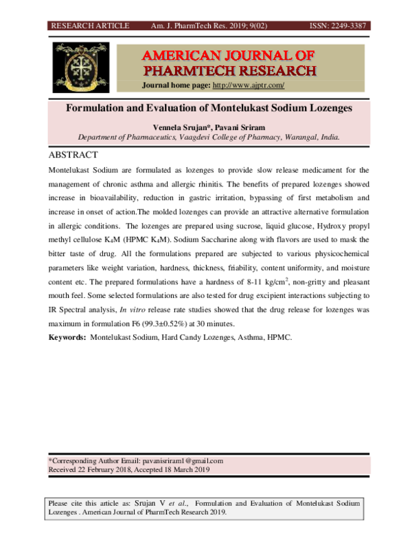 (PDF) Formulation and Evaluation of Montelukast Sodium Lozenges