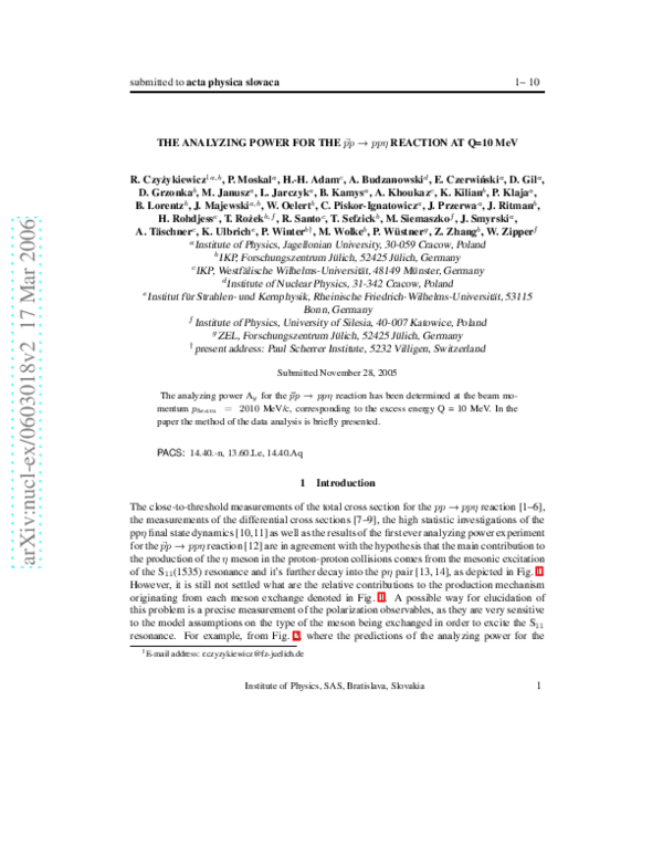 (PDF) The analysing power for the p(pol)p --> pp eta reaction at Q=10 MeV