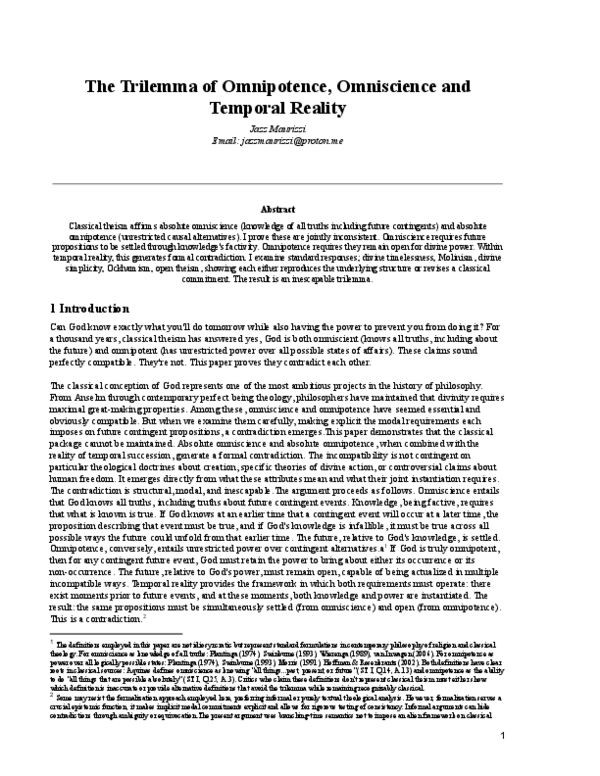 (PDF) The Trilemma of Omnipotence, Omniscience and Temporal Reality
