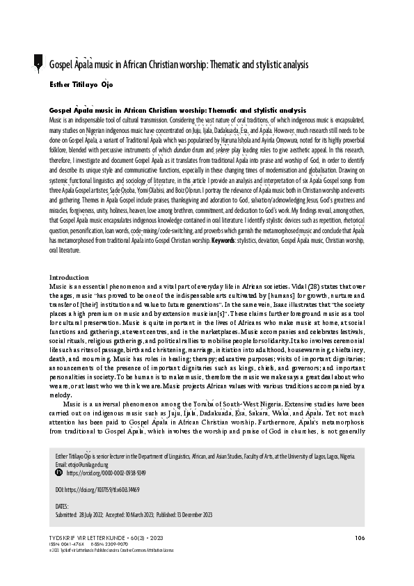 (PDF) Gospel Apalà music in African Christian worship: Thematic and ...