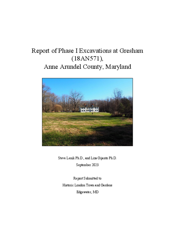 (PDF) Report of Phase I Excavations at Gresham (18AN571), Anne Arundel ...