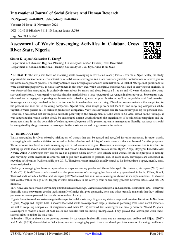 (PDF) Assessment of Waste Scavenging Activities in Calabar, Cross River ...