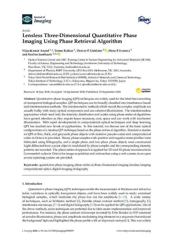 (PDF) Lensless Three-Dimensional Quantitative Phase Imaging Using Phase ...