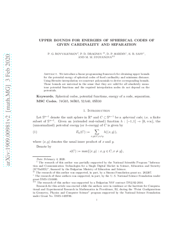 (PDF) Upper bounds for energies of spherical codes of given cardinality ...