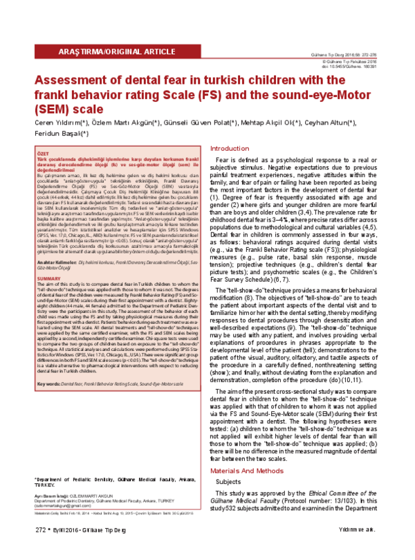 (PDF) Assessment of dental fear in Turkish children with the Frankl ...