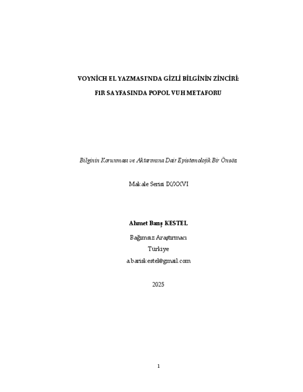(PDF) 9- VOYNİCH EL YAZMASI'NDA GİZLİ BİLGİNİN ZİNCİRİ: F1R SAYFASINDA ...