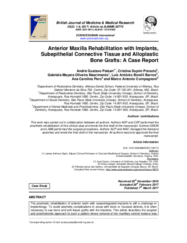 (PDF) Anterior Maxilla Rehabilitation with Implants, Subepithelial ...